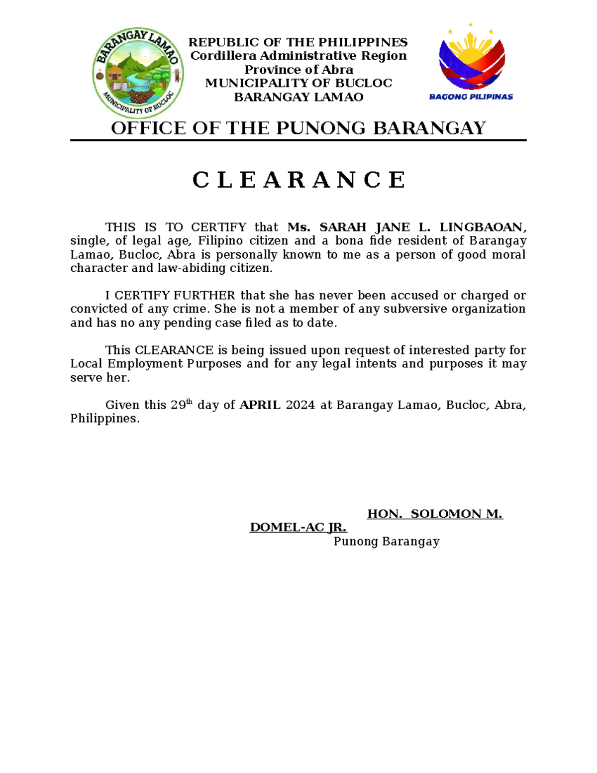 C L E A R A N C 1 - NOTES - Cordillera Administrative Region Province ...