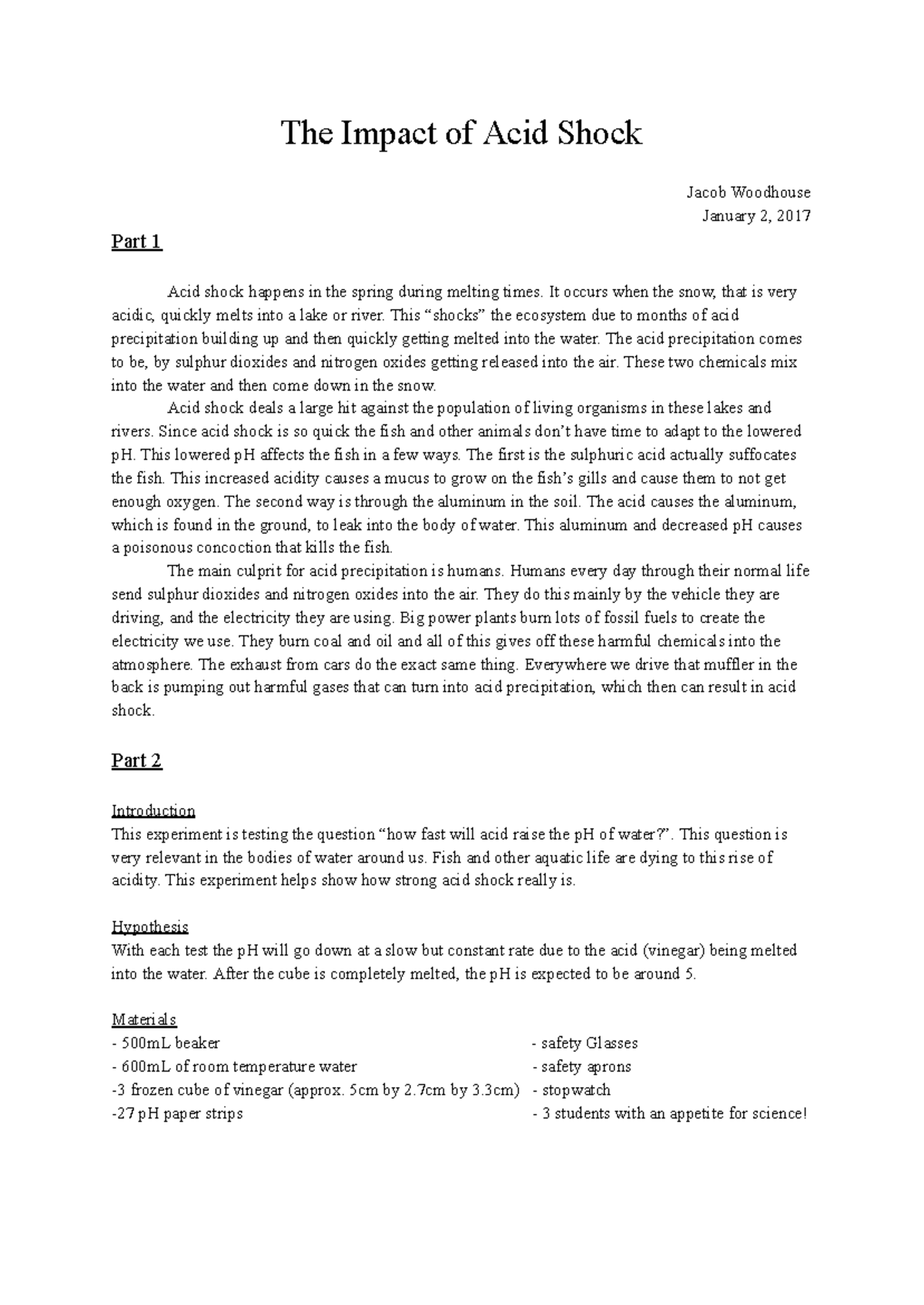 Acid Shock Lab Report - The Impact of Acid Shock Jacob Woodhouse ...