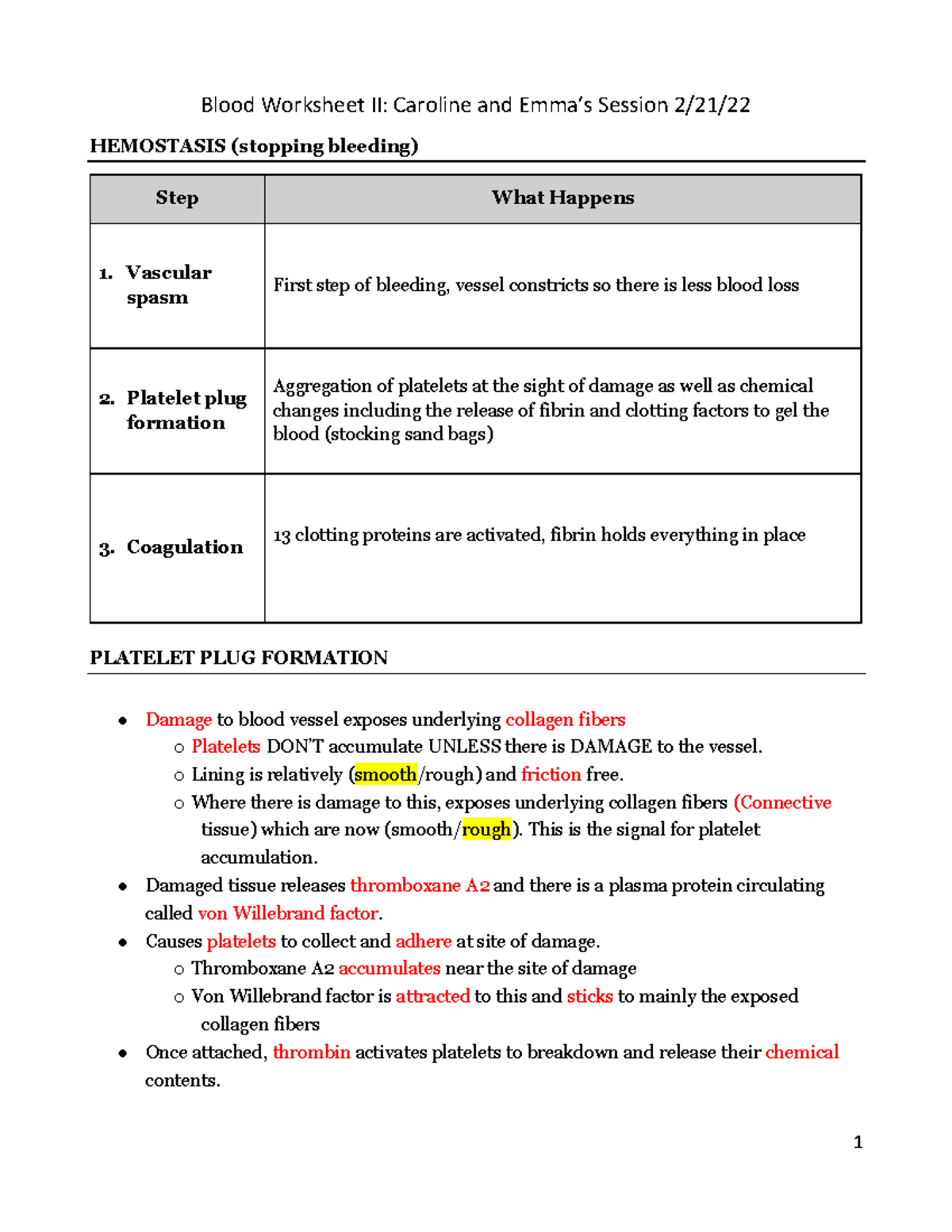 Blood Worksheet II Heart I-1 - Blood Worksheet II: Caroline and Emma’s ...