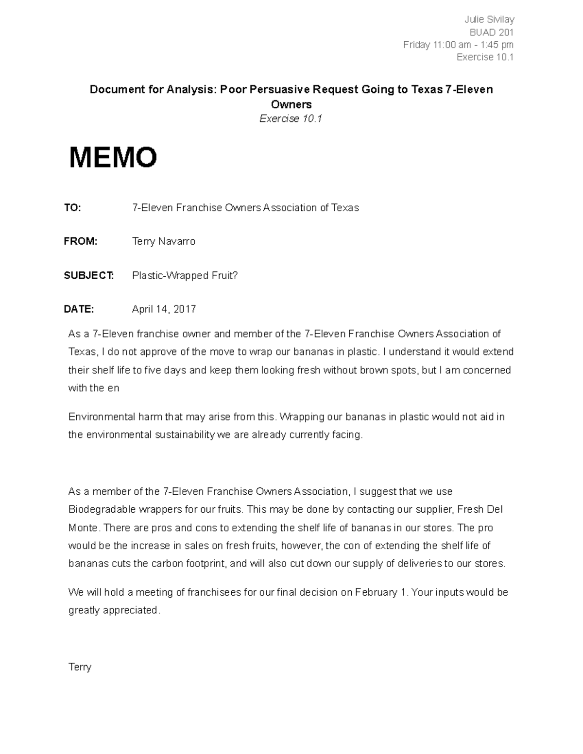 BUAD 201 Wk 12 Hmwk Exc. 10 - Julie Sivilay BUAD 201 Friday 11:00 am ...