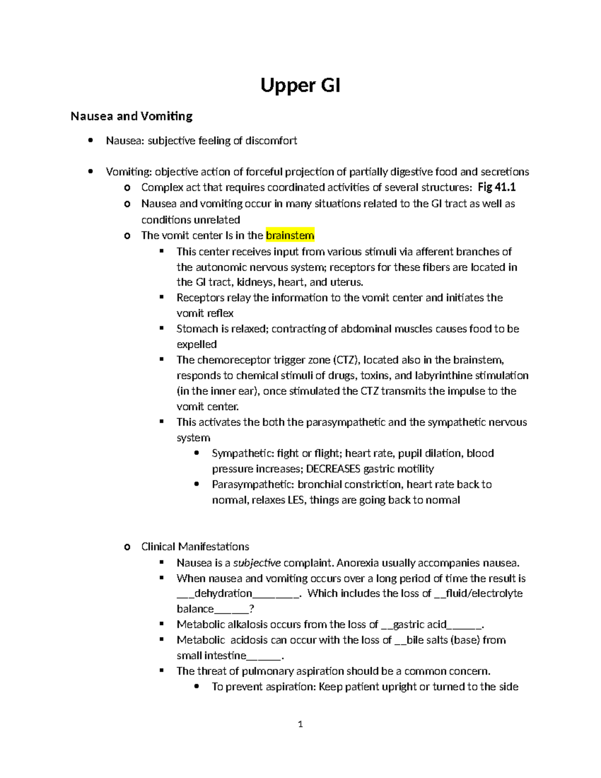 Upper GI Lecture and Handout Revised - Upper GI Nausea and Vomiting ...