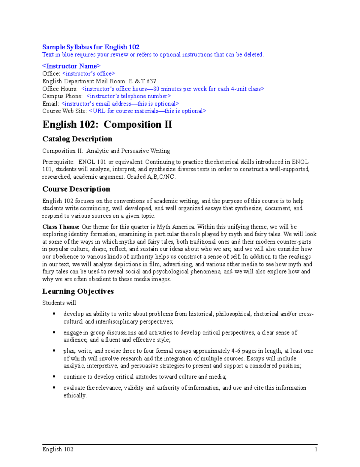 102-Syllabus - 00000 - Sample Syllabus for English 102 Text in blue ...