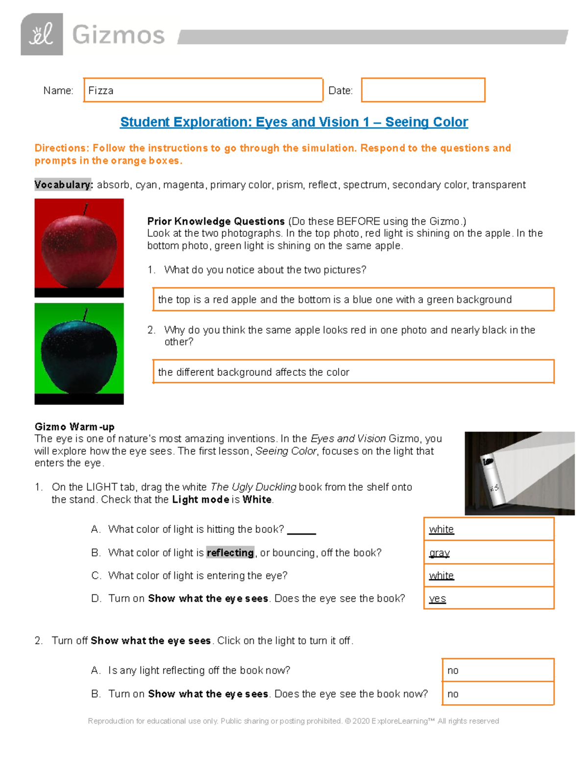 Copy of Seeing Color SE - Gizmo answer sheet - Name: Fizza Date ...