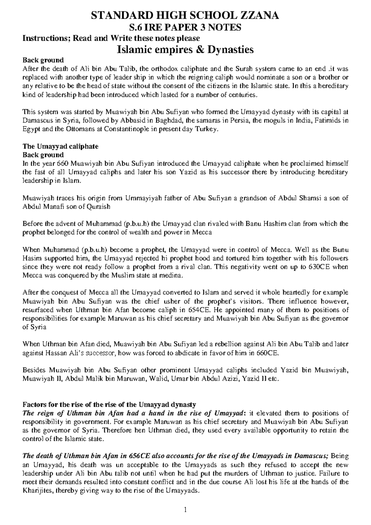 S.6-IRE- Paper-3- Islamic Empires AND Dynasties Notes - STANDARD HIGH ...
