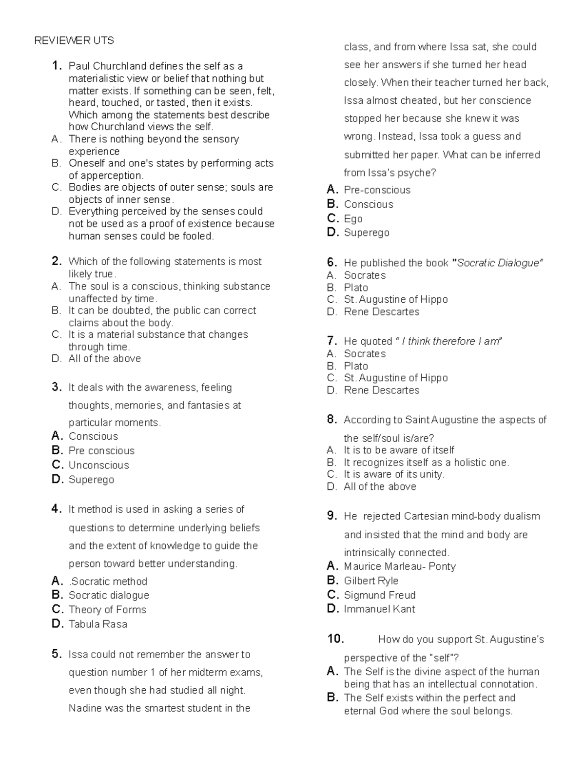 Reviewer UTS - understanding the self - REVIEWER UTS 1. Paul Churchland ...