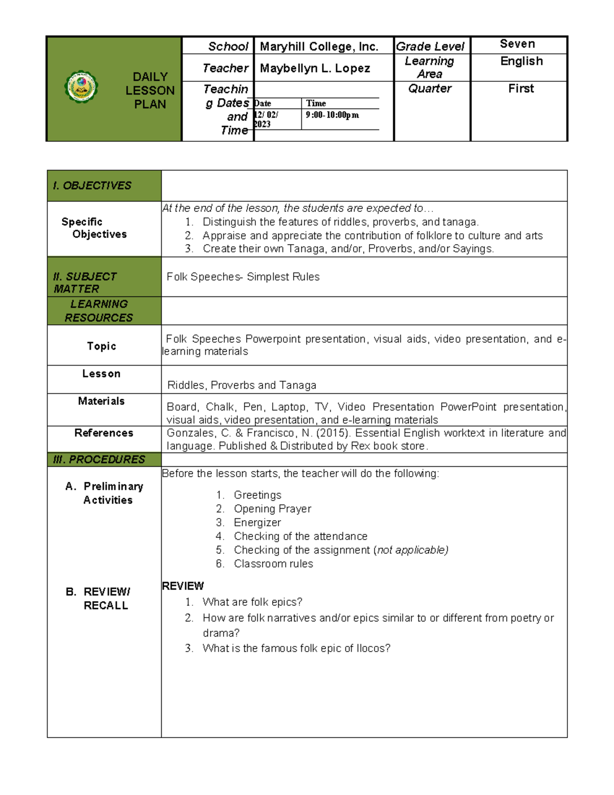 FOLK Speeches- LP - LESSON PLAN - DAILY LESSON PLAN School Maryhill ...