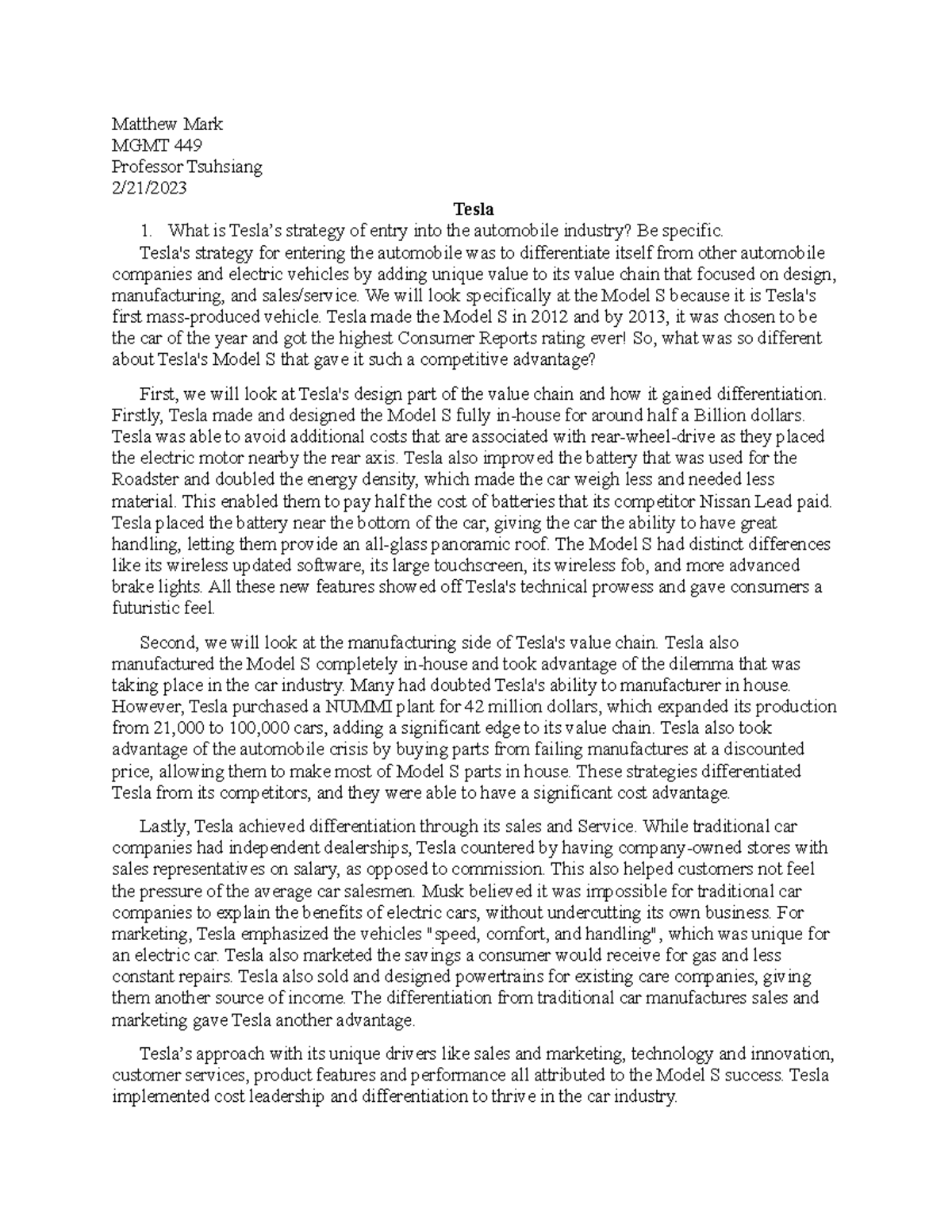 Tesla Case Study 2 - notes - Matthew Mark MGMT 449 Professor Tsuhsiang ...