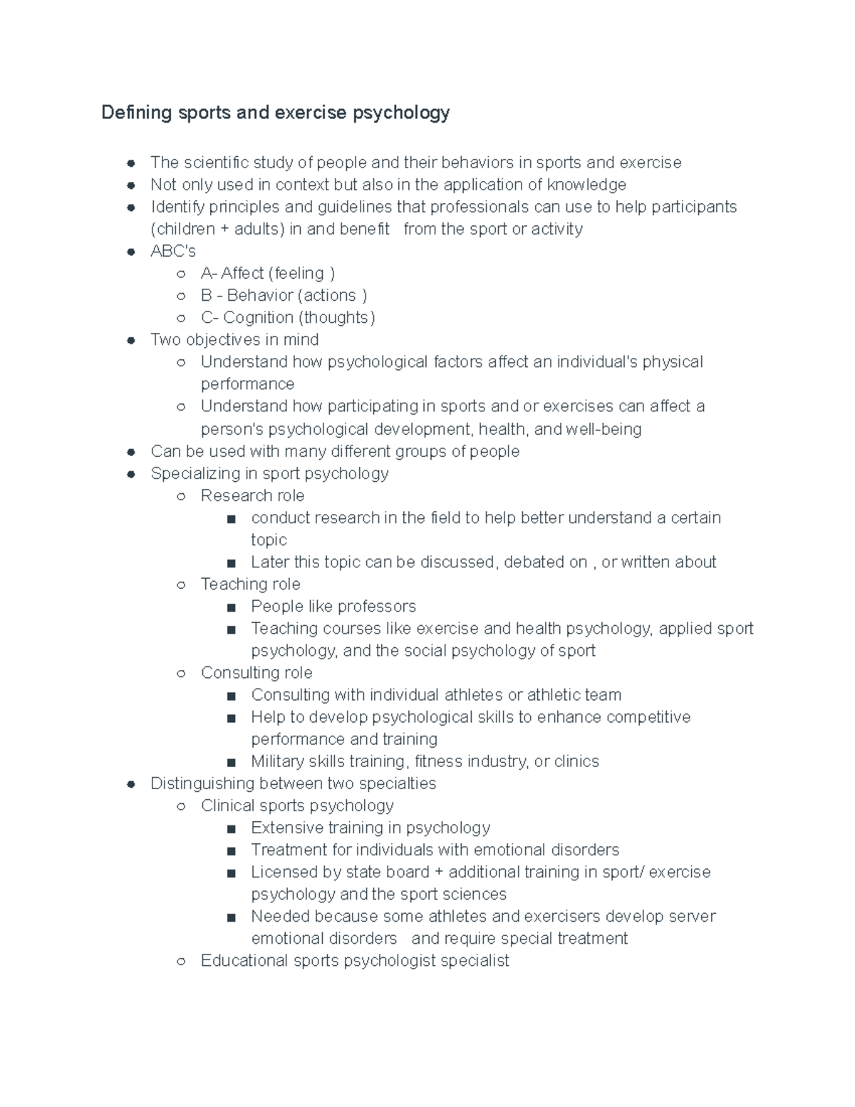 Exsc 3650 chapter one notes - Defining sports and exercise psychology ...