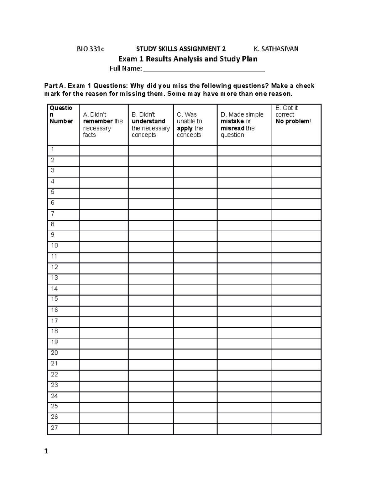 BIO311c Study Skills Assignment 1- FALL 2023 - K - BIO 331c STUDY ...