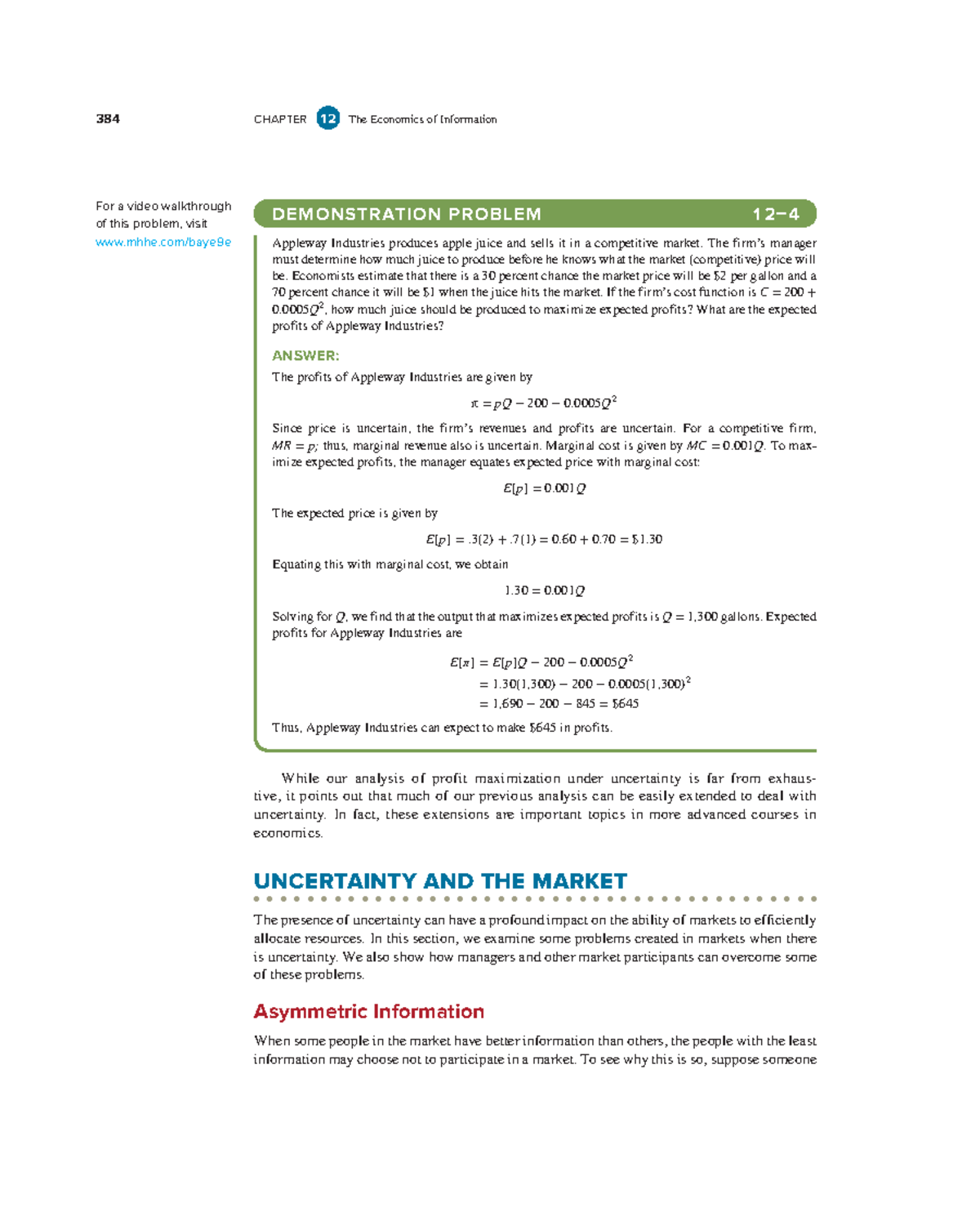 Managerial-economics-104 - 384 CHAPTER 12 The Economics of Information DEMONSTRATION PROBLEM 12 ...