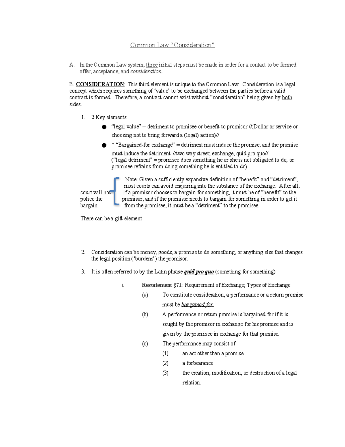 Consideration - Student Outline - 24 04 2024 - Common Law ...