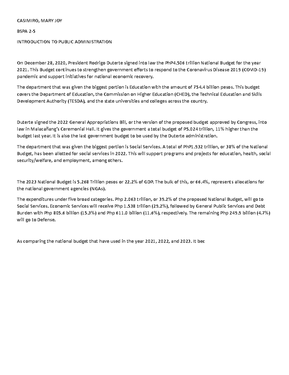 ITPA - n/a - CASIMIRO, MARY JOY BSPA 2- INTRODUCTION TO PUBLIC ...