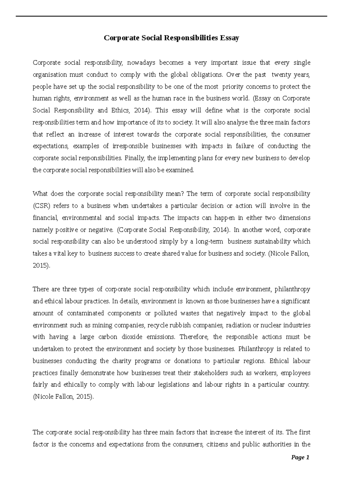 Corporate Social Responsibilities Essay Final - Corporate Social ...