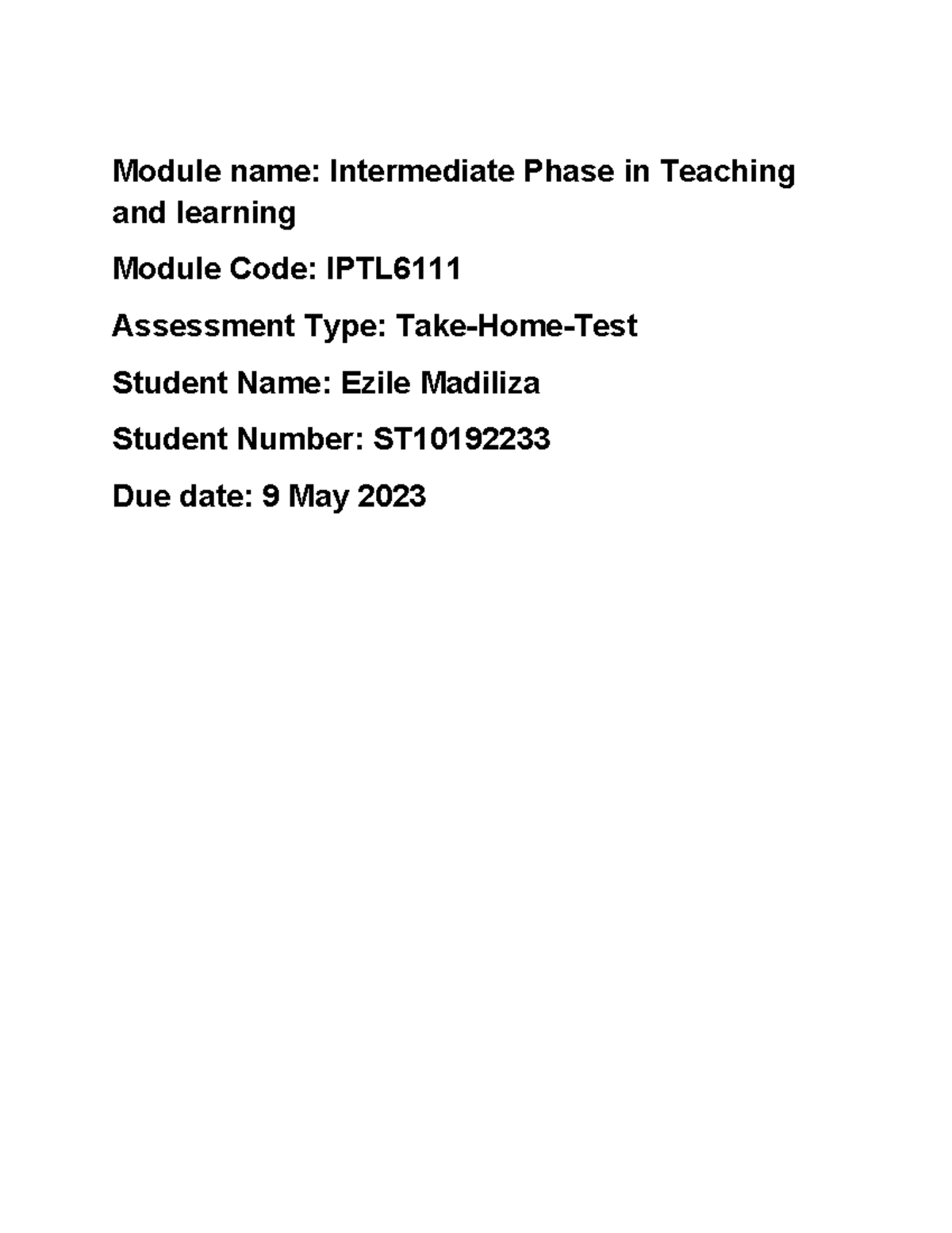 Take home test IPTL6111 - Module name: Intermediate Phase in Teaching ...