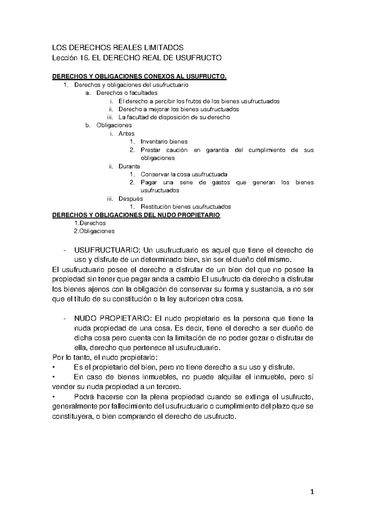 Derecho de Usufructo - LOS DERECHOS REALES LIMITADOS Lección 16. EL ...