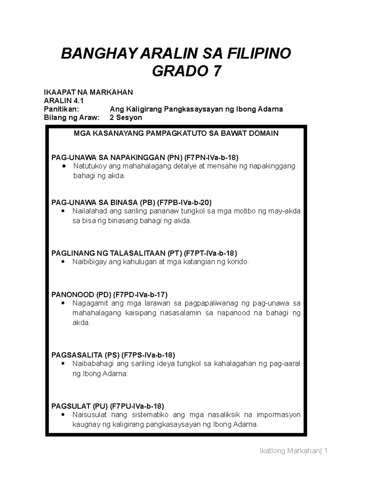 4.1 ( Kaligiran) - LESSON - BANGHAY ARALIN SA FILIPINO GRADO 7 IKAAPAT ...