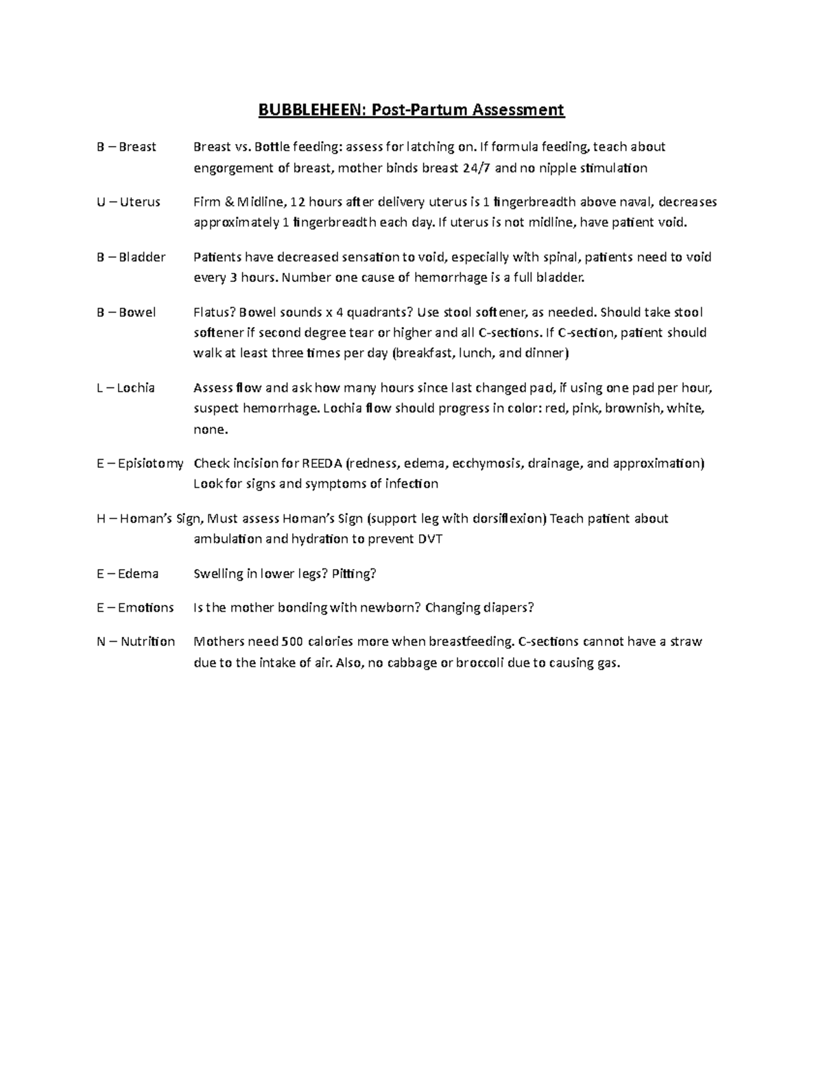 Bubble HE Post Partum Assessment - BUBBLEHEEN: Post-Partum Assessment B ...