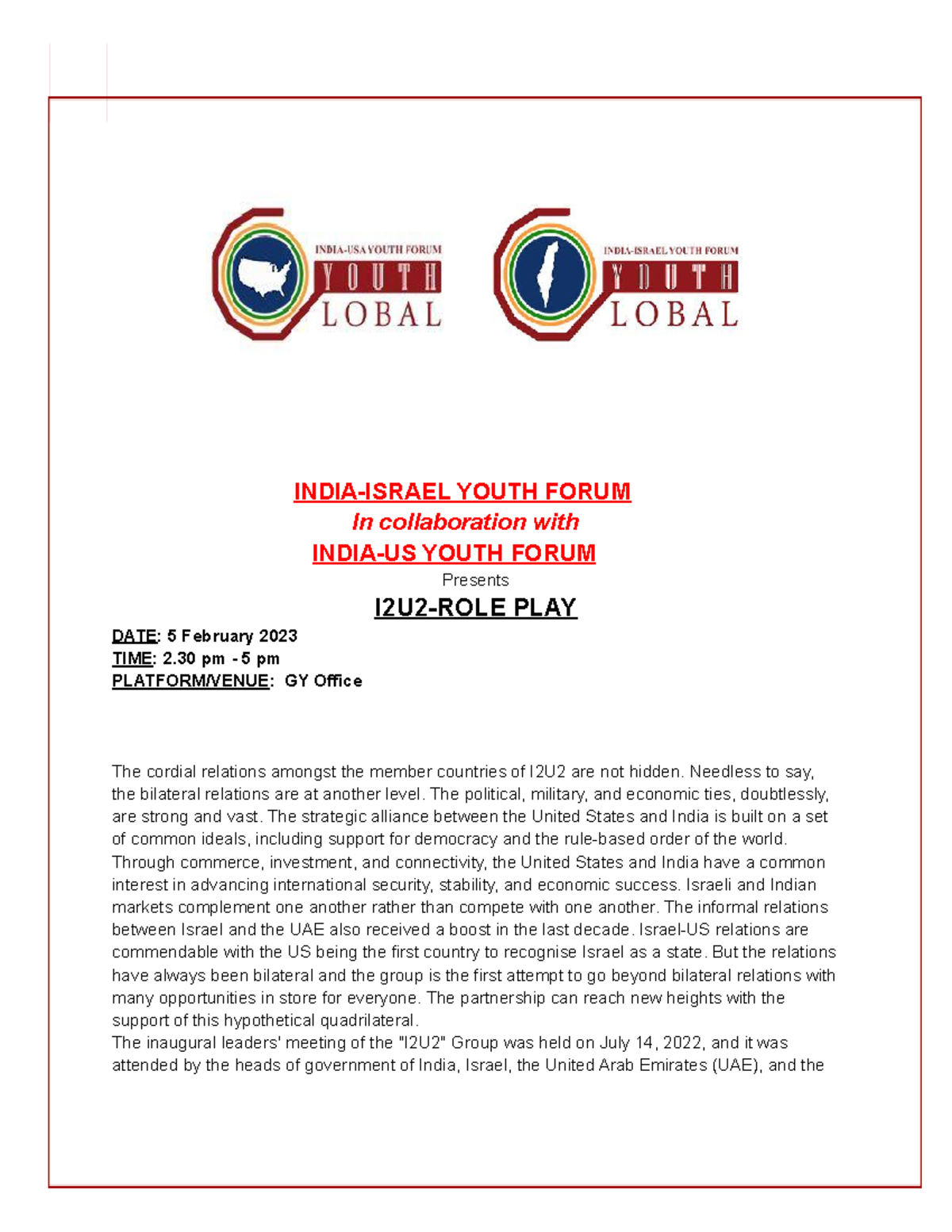 I2U2 concept note - INDIA-ISRAEL YOUTH FORUM In collaboration with ...