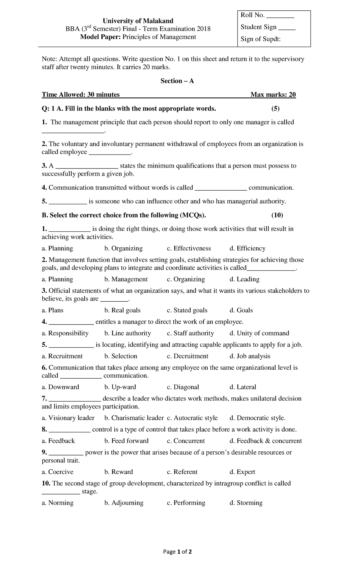 Principles of Management Paper BBA 3rd Semester - University of ...