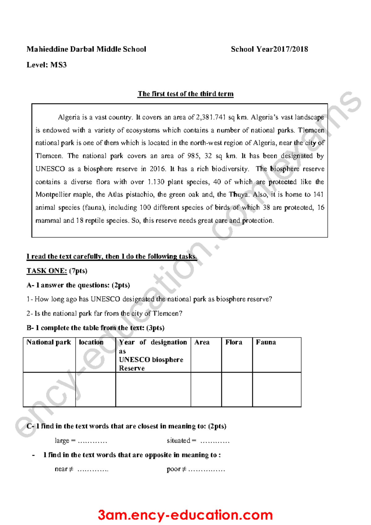 Dzexams 3am anglais 394493 - Mahieddine Darbal Middle School School ...