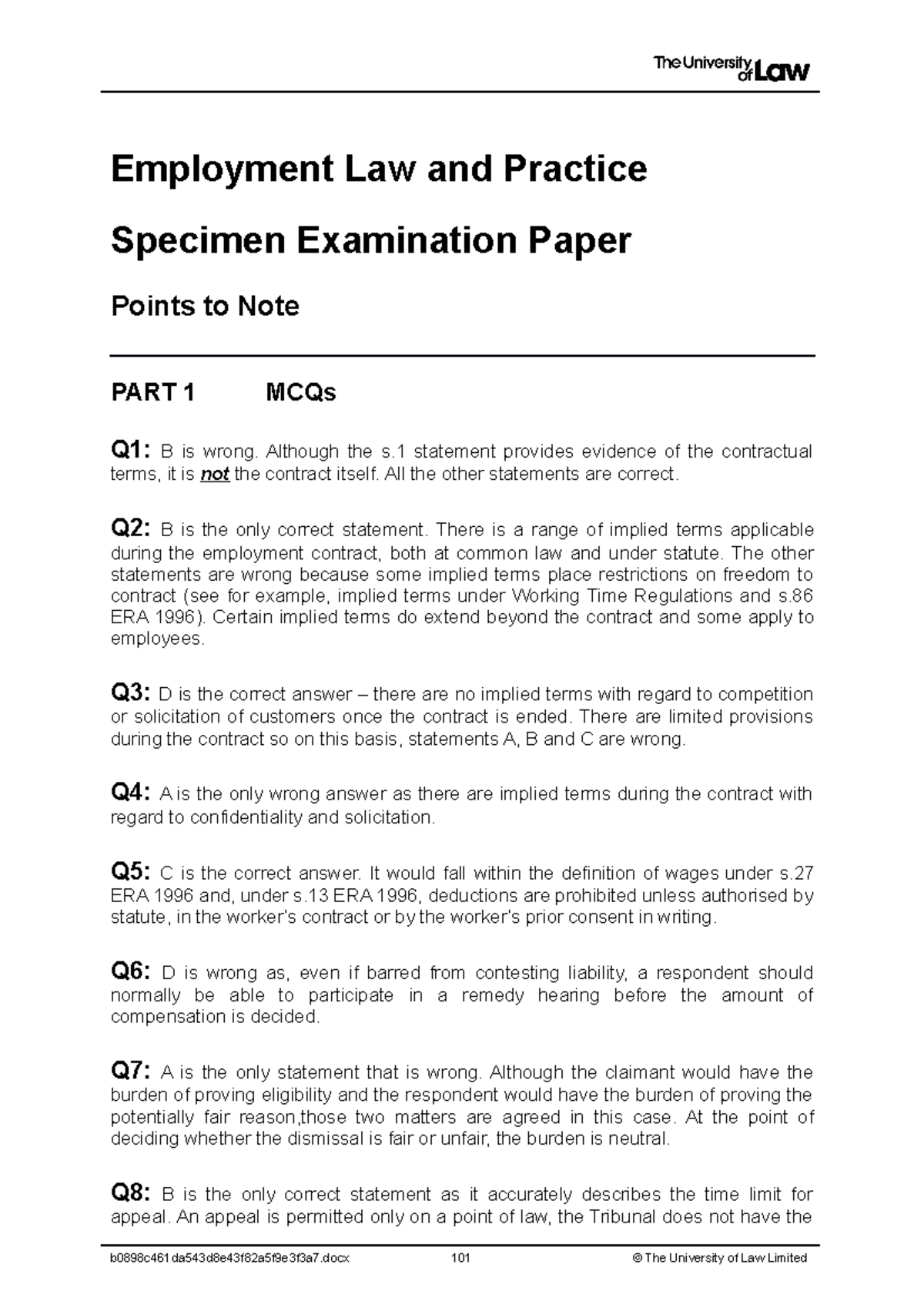 2122 emp ce01 specimen assessment sample answer - Employment Law and ...