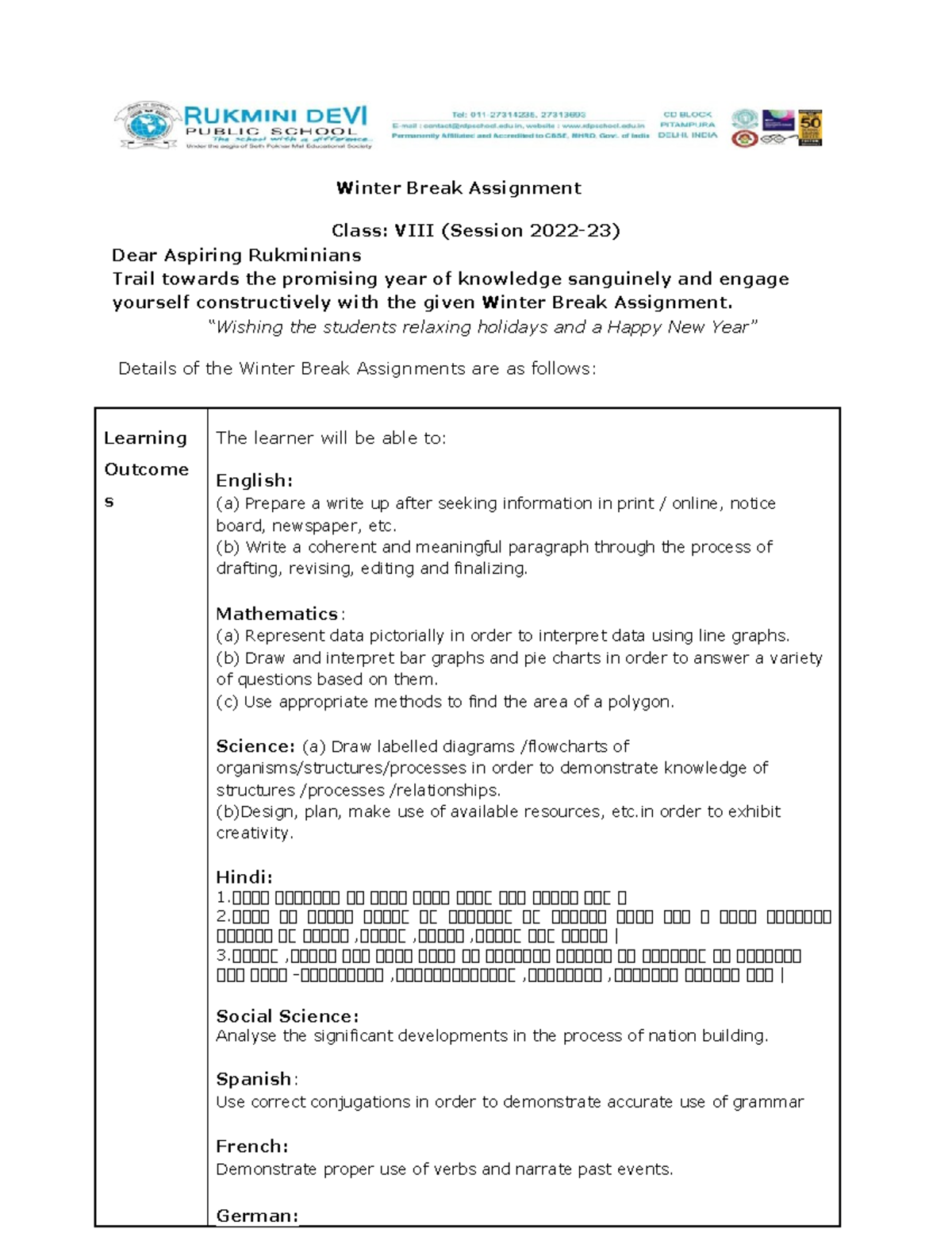 Final class viii - memorial - Winter Break Assignment Class: VIII (Session 2022-23) Dear ...