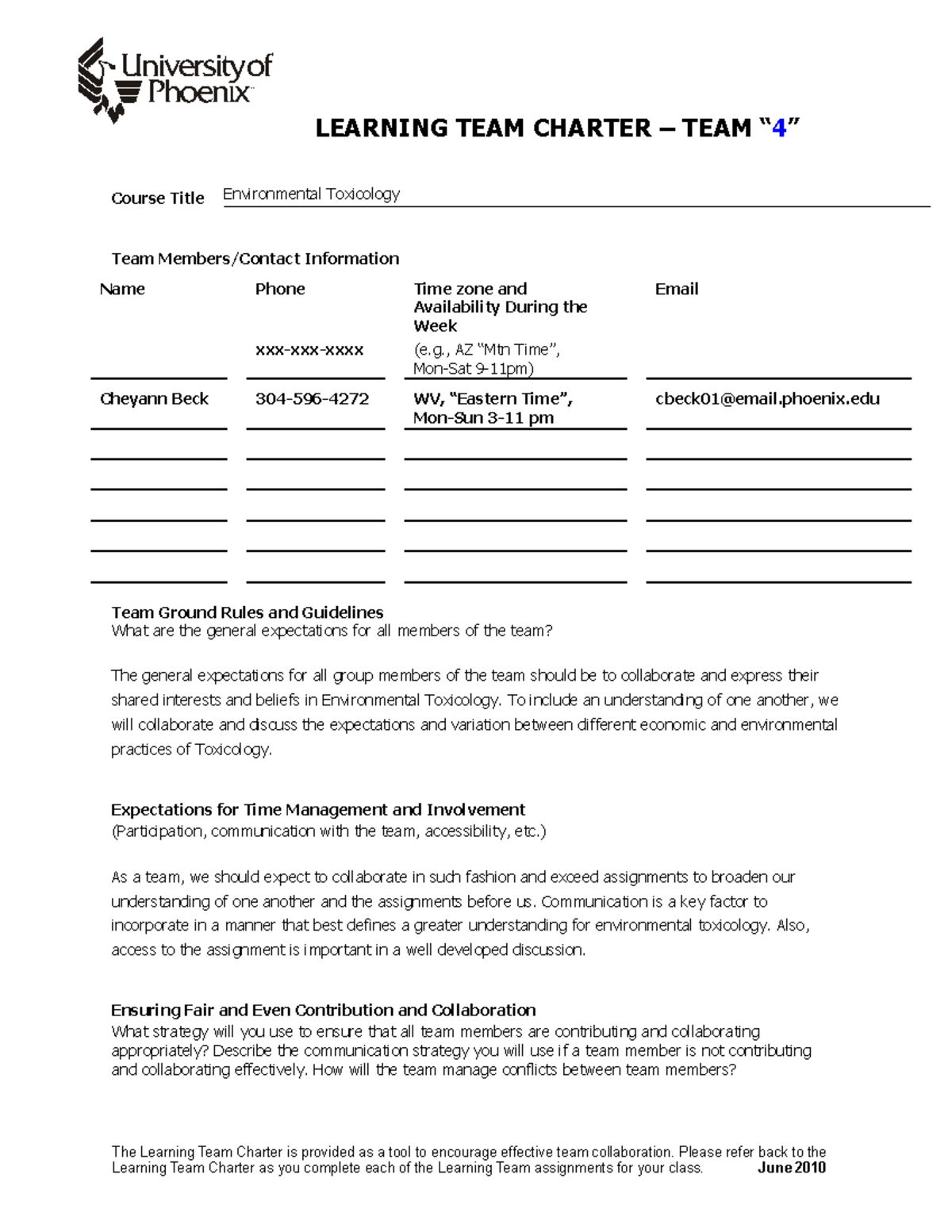 Learning Team Charter Team 4 - LEARNING TEAM CHARTER – TEAM “ 4 ...