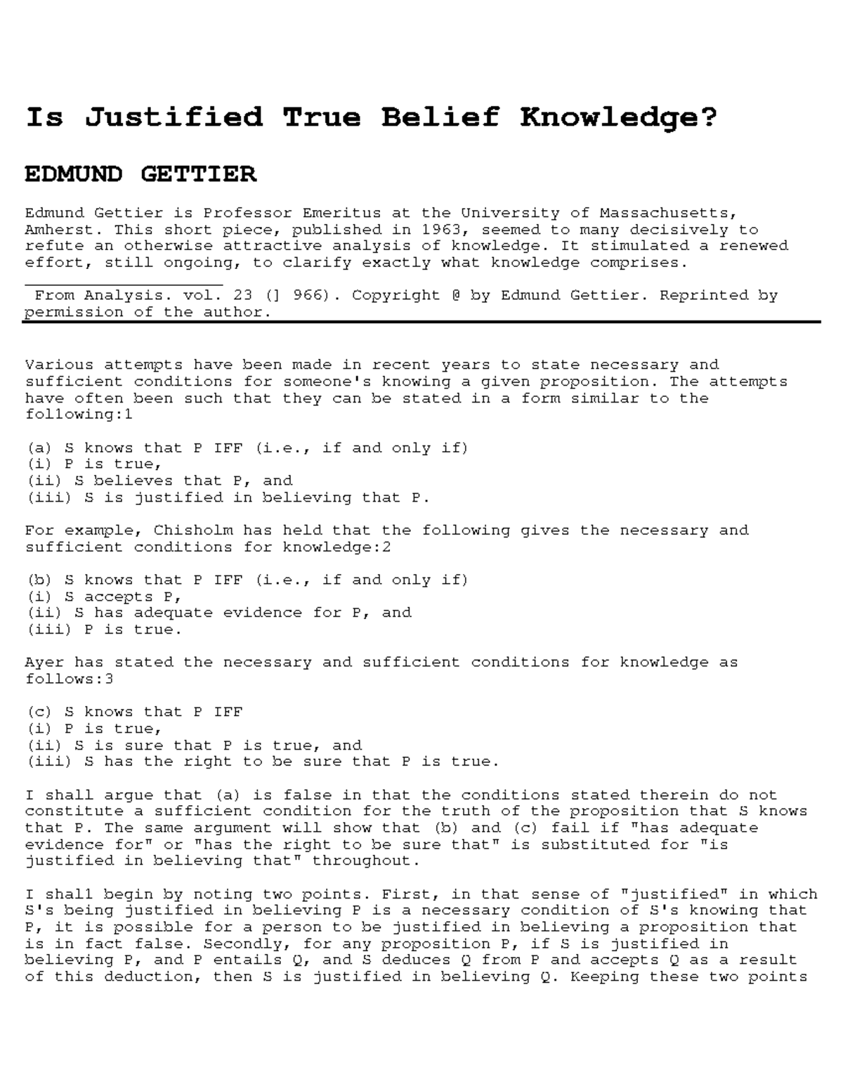 Gettier - This short piece, published in 1963, seemed to many ...