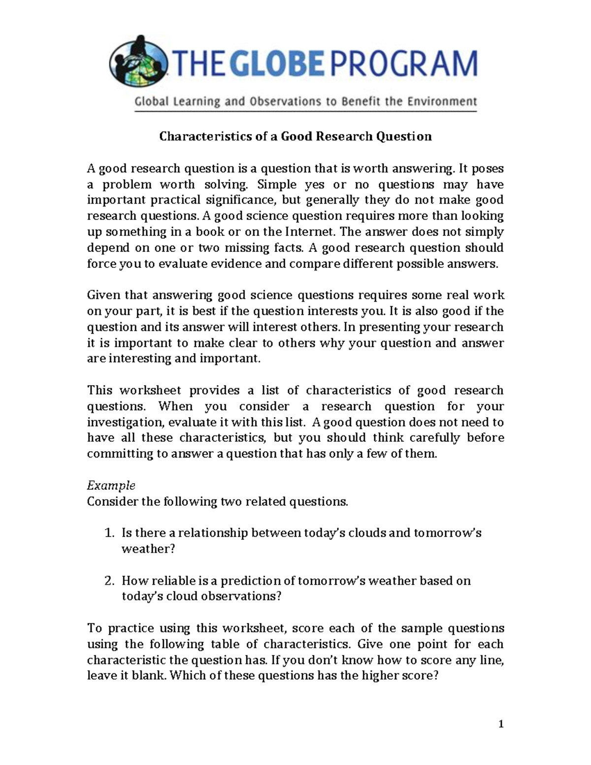 Globe Research Questions Worksheet - 1 Characteristics of a Good ...