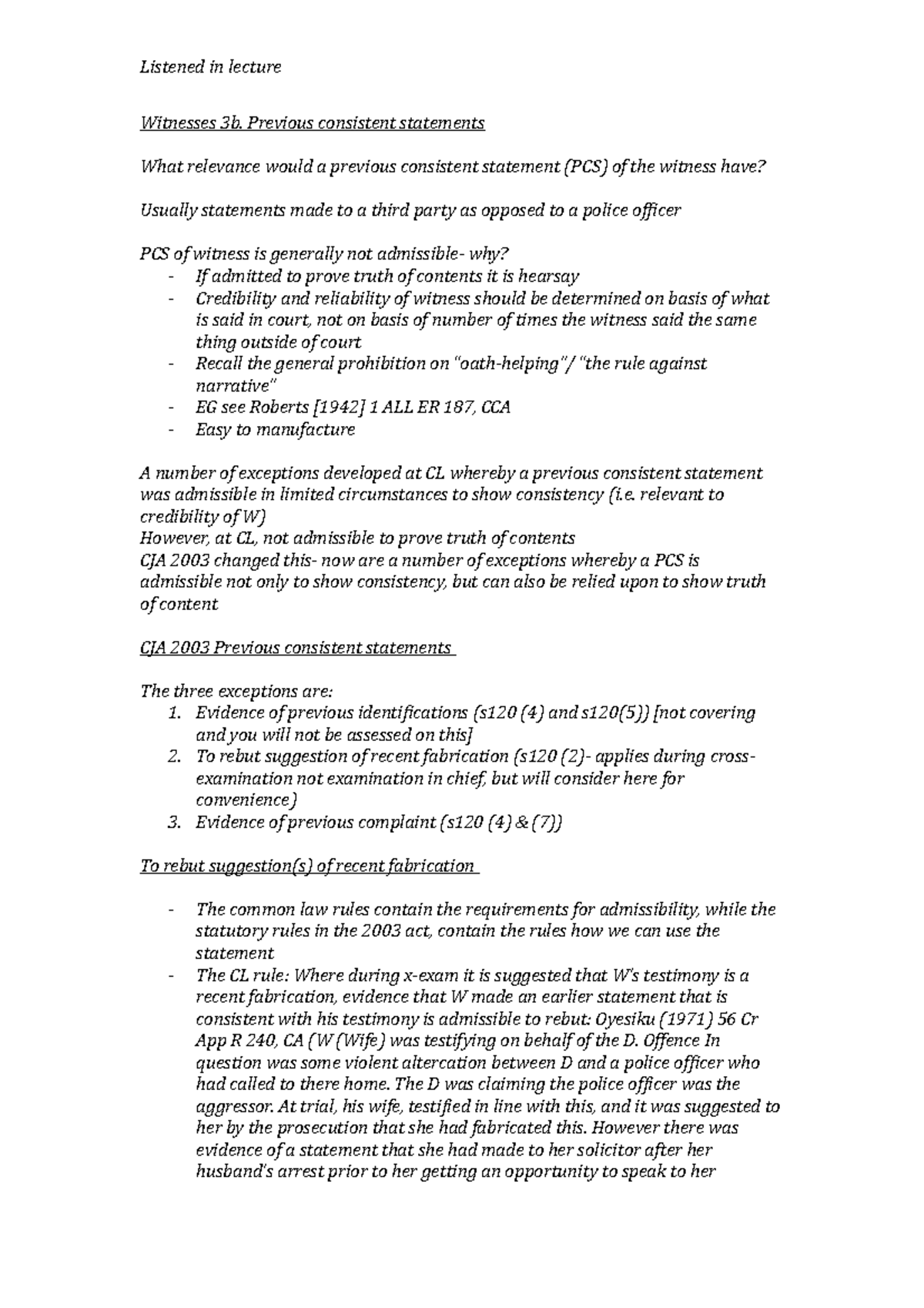 Previous consistent statements - Listened in lecture Witnesses 3b ...