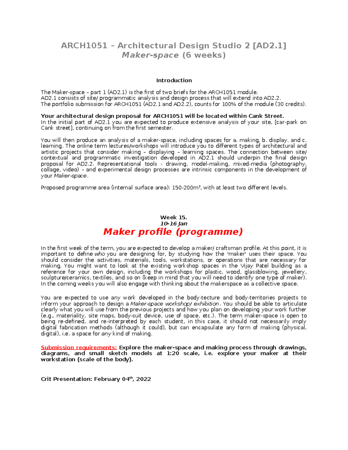 ARCH1051 - AD2.1 - Brief Intro Week 15 - ARCH1051 – Architectural ...