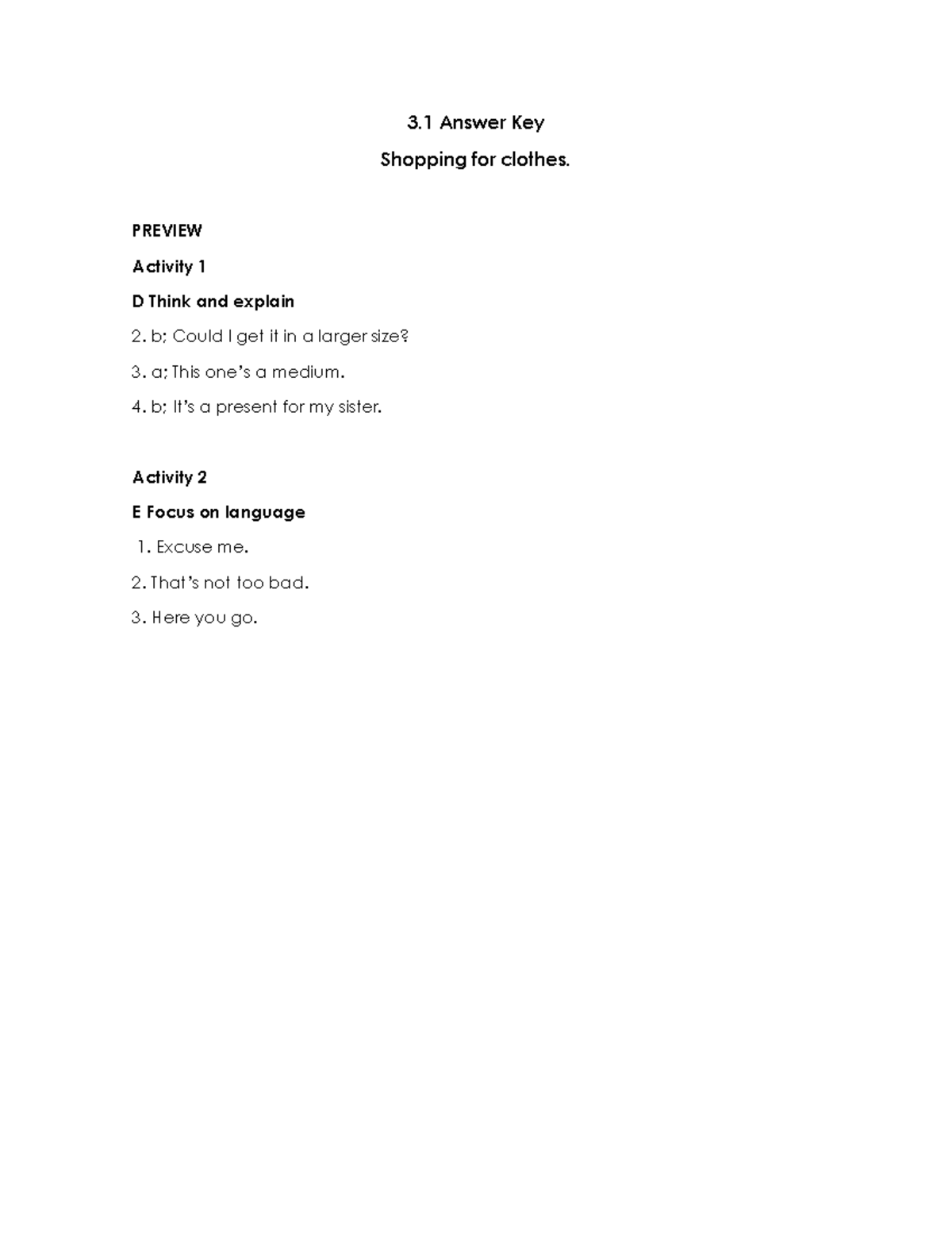 3.1 Answer key - Ingles - Ingles II - 3 Answer Key Shopping for clothes ...