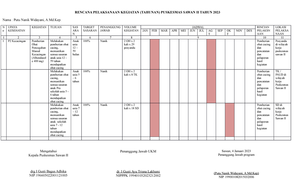 Format RPK 2023 - RENCANA PELAKSANAAN KEGIATAN (TAHUNAN) PUSKESMAS SAWAN II TAHUN 2023 Nama ...