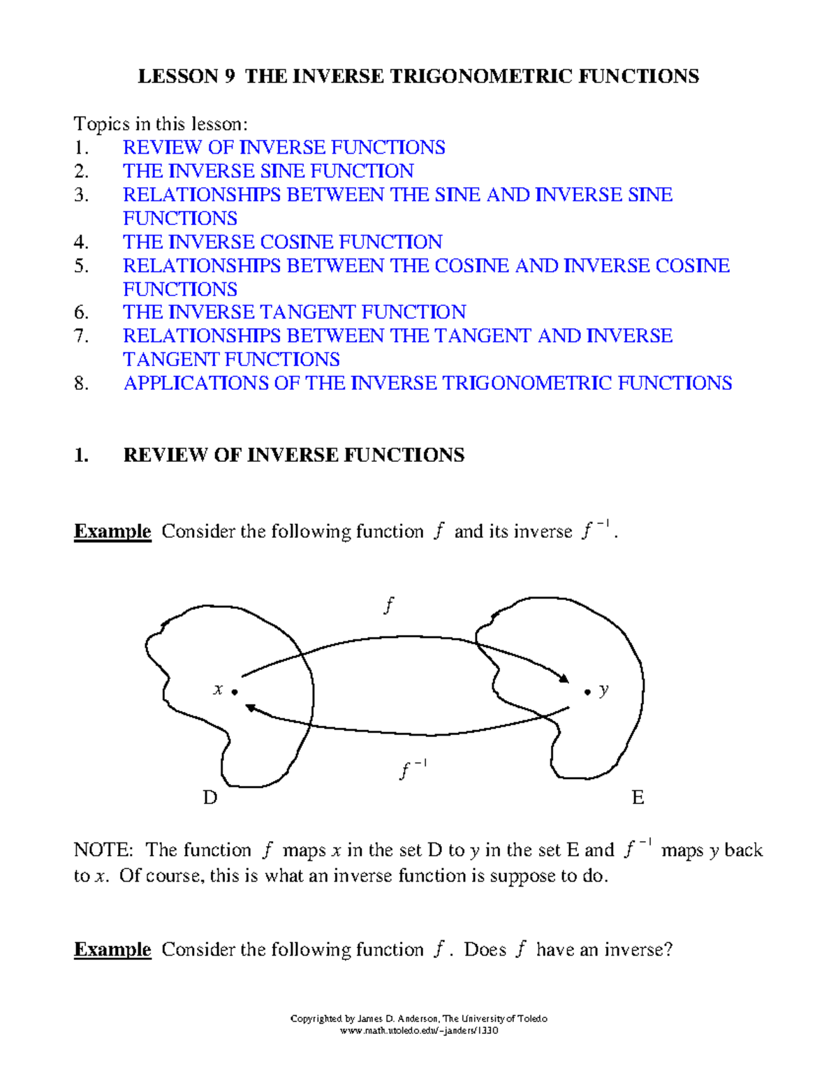 Lesson 9 - Notes from class - LESSON 9 THE INVERSE TRIGONOMETRIC ...