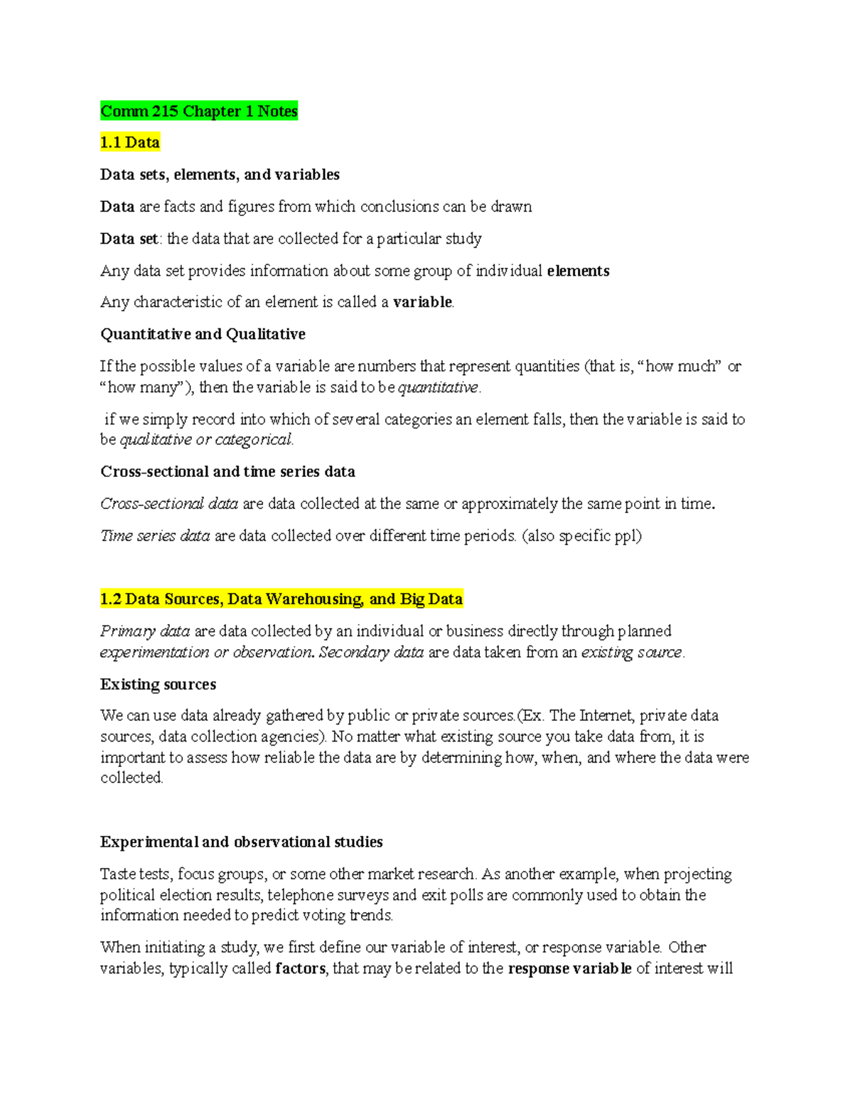 Comm 215 Chapter 1 Notes Comm 215 Chapter 1 Notes 1 Data Sets