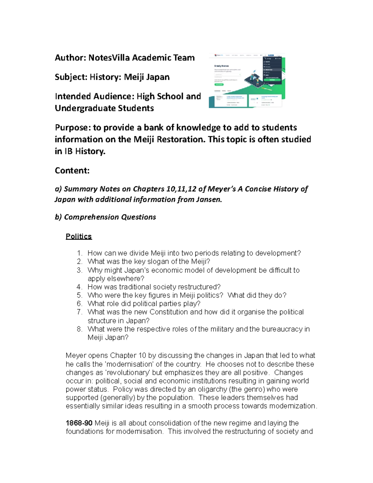 History notes meiji restoration japan questions and notes - Author ...