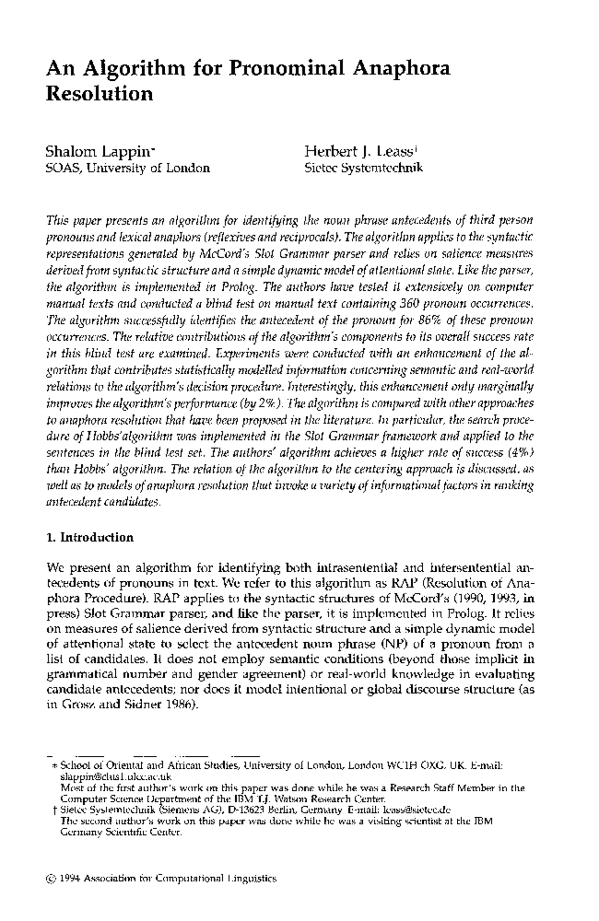 Lappin and Leass Pronoun Resolution Algorithm - An Algorithm for Pronominal Anaphora Resolution ...