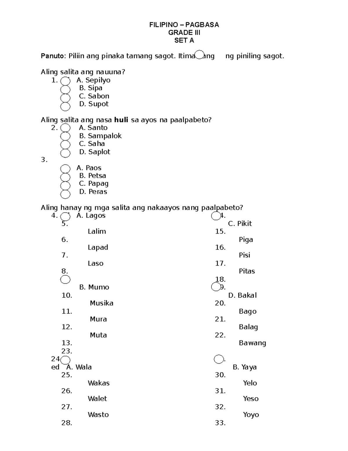 NAT Reviewer Grade 3 Filipino - FILIPINO – PAGBASA GRADE III SET A ...