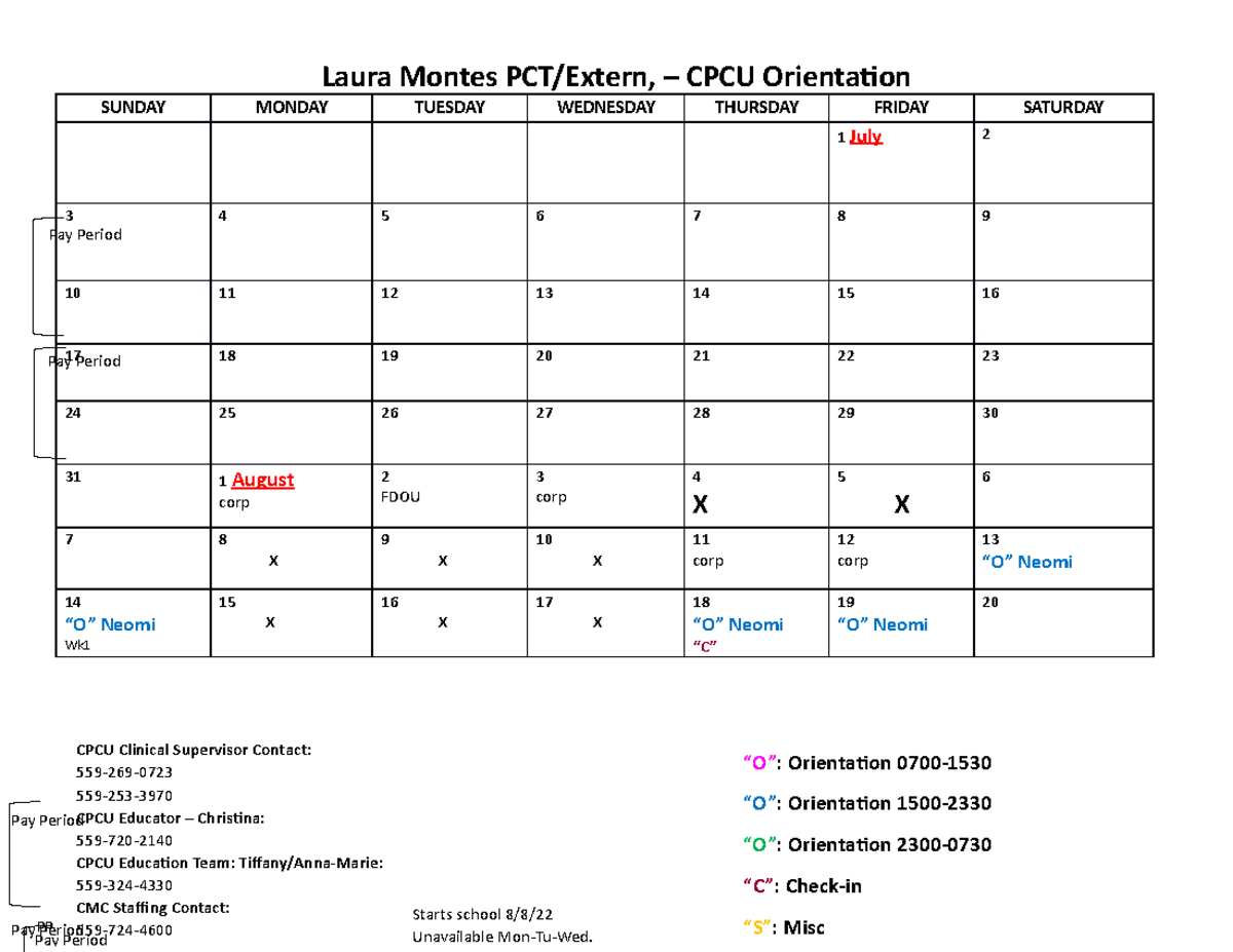 PCT - Extern Laura Montes Orientation Schedule - Laura Montes PCT ...