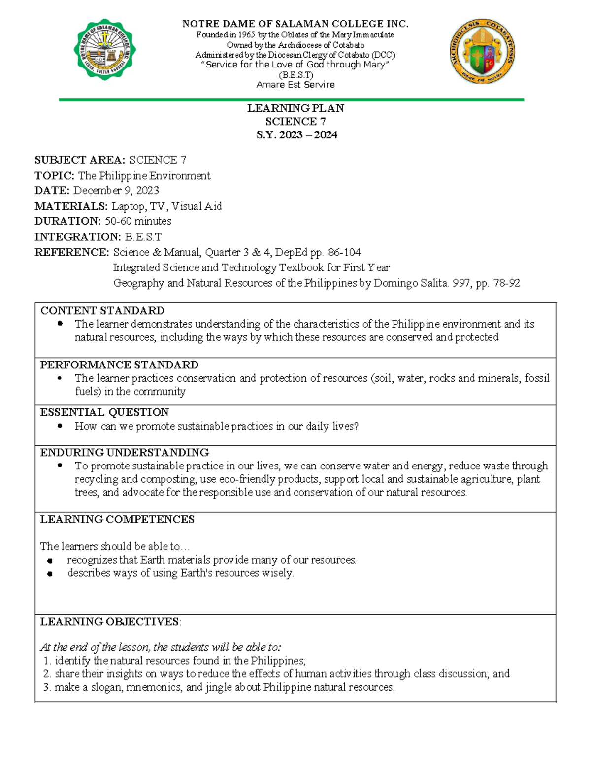 Lesson Plan - Copy Lesson Plan - NOTRE DAME OF SALAMAN COLLEGE INC ...