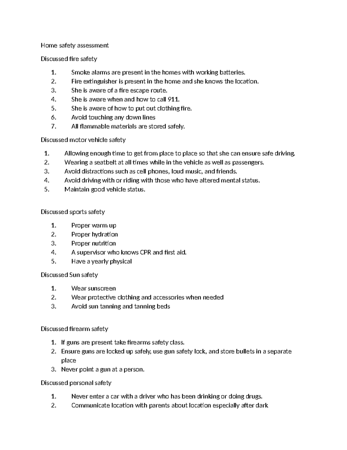 Home safety assessment - Home safety assessment Discussed fire safety 1 ...