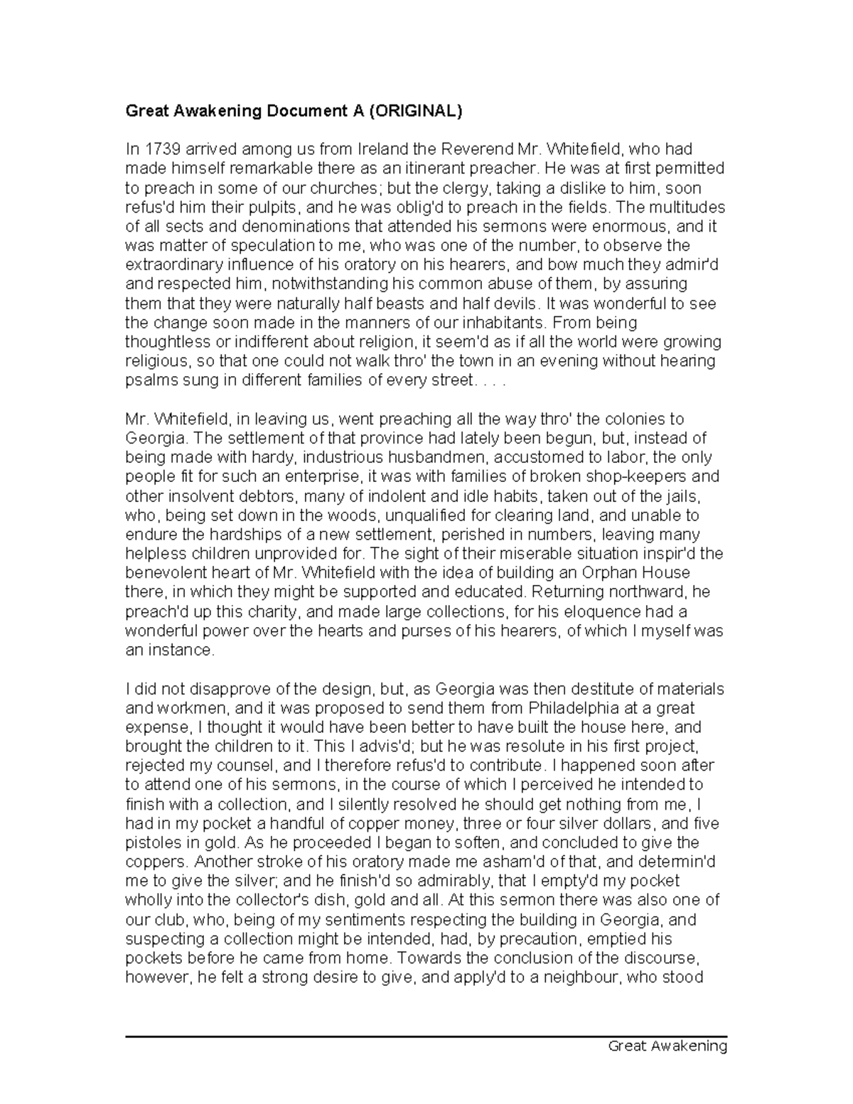 First Great Awakening Documents - Great Awakening Document A (ORIGINAL ...