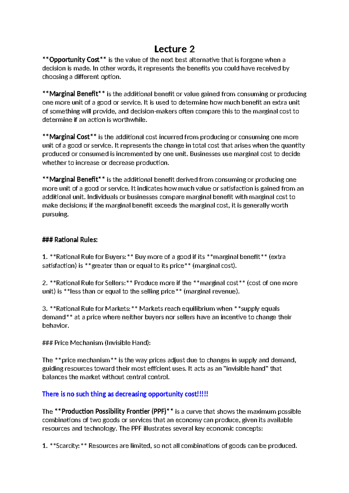 Lecture 2 - detailed notes - Lecture 2 Opportunity Cost is the value of ...