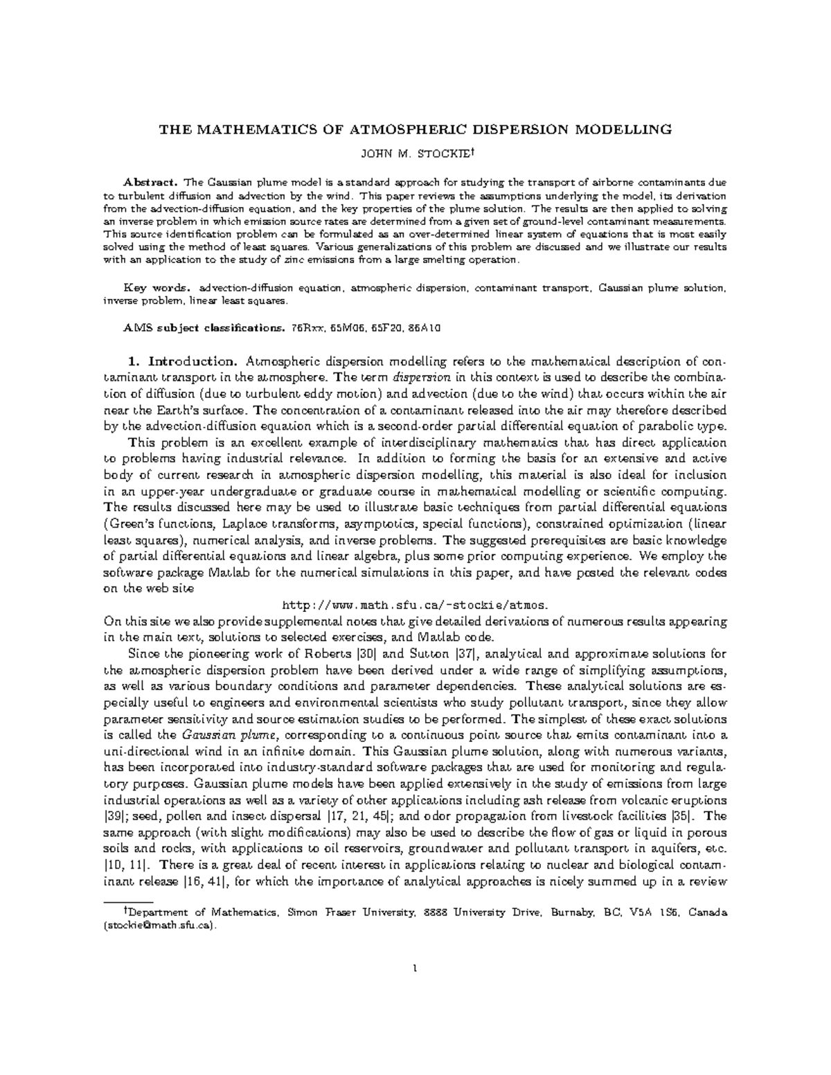 Matematical modelling - THE MATHEMATICS OF ATMOSPHERIC DISPERSION ...