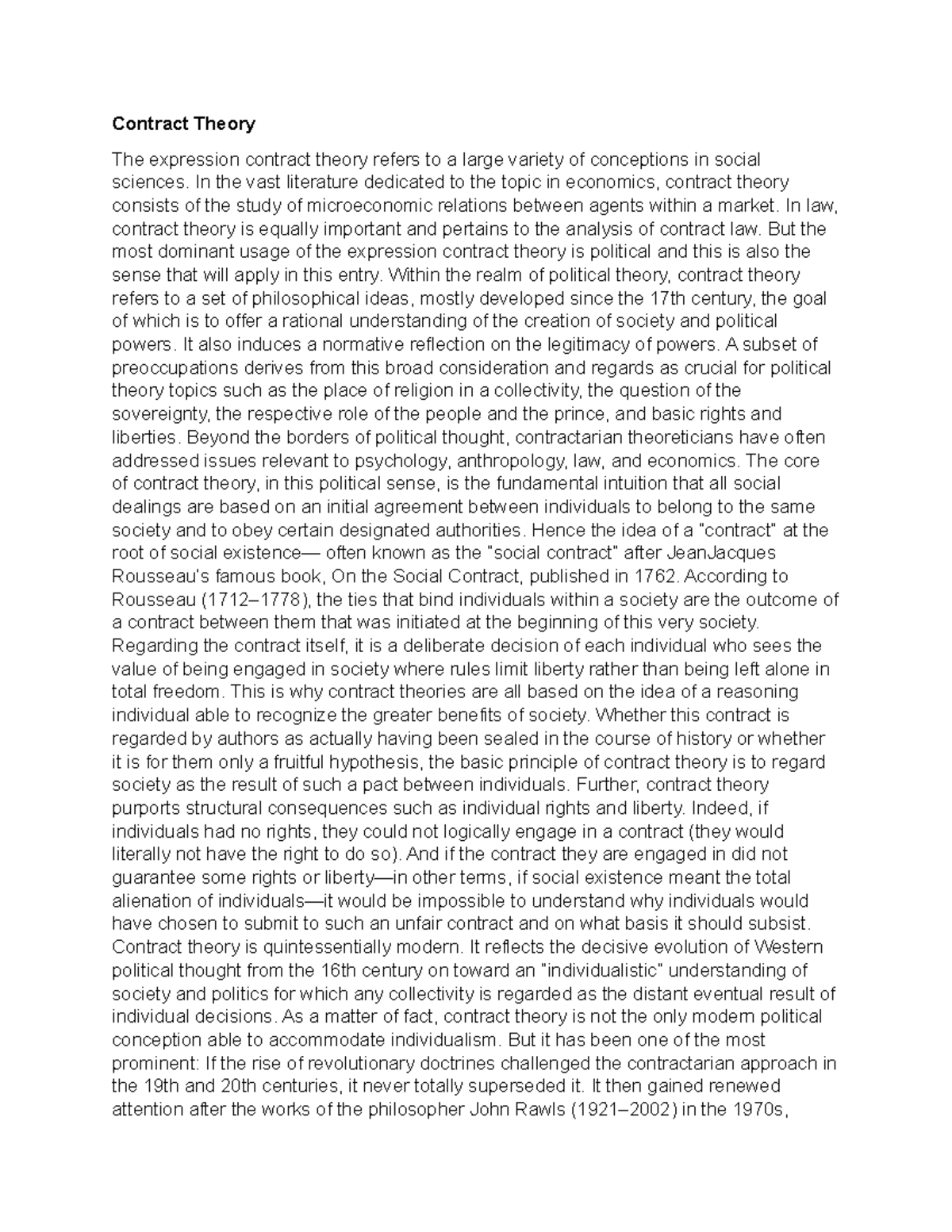 Contract Theory - Contract Theory The expression contract theory refers ...