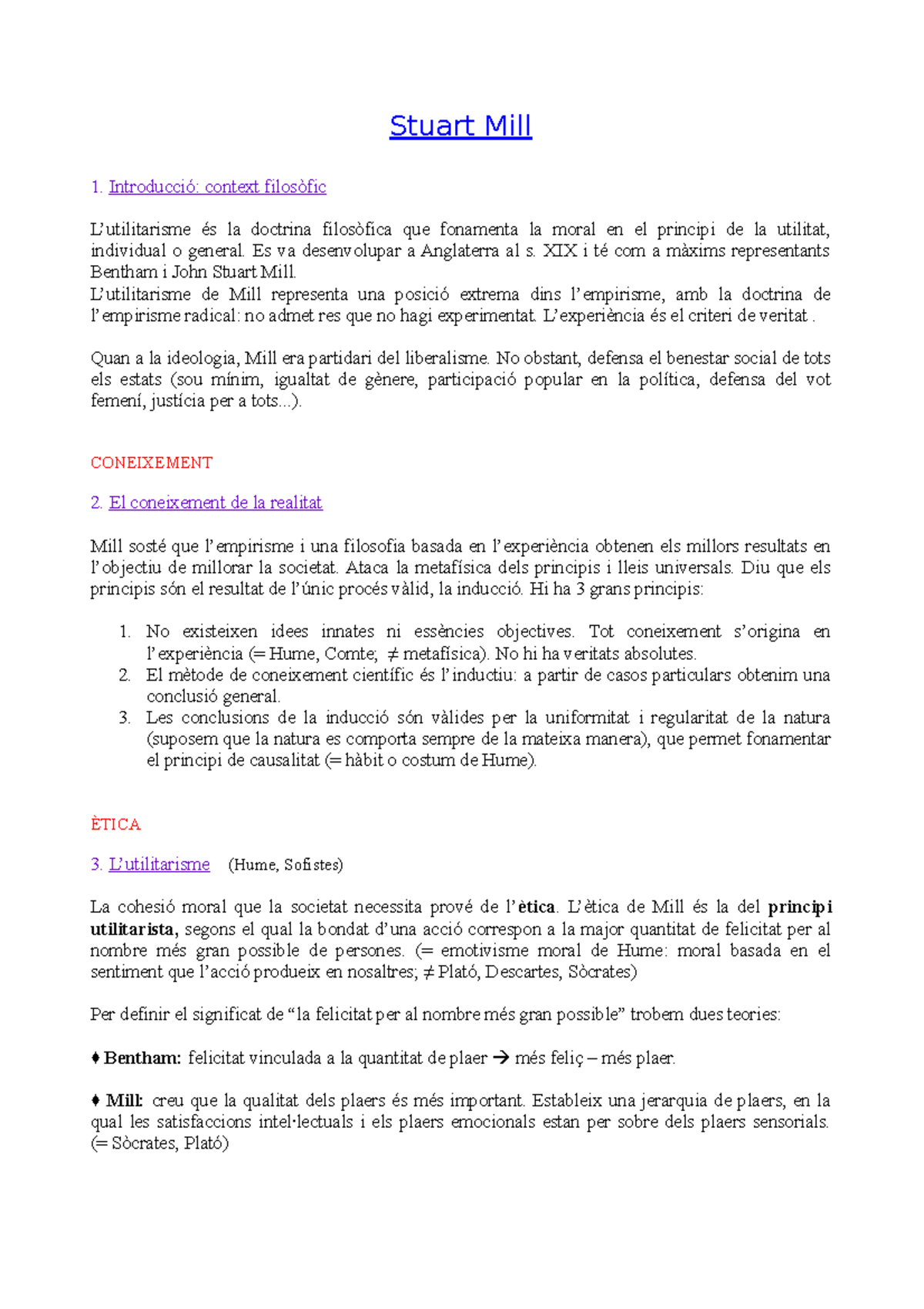 Stuart Mill apunts selectivitat utiitarisme - Stuart Mill Introducció: context filosòfic - Studocu