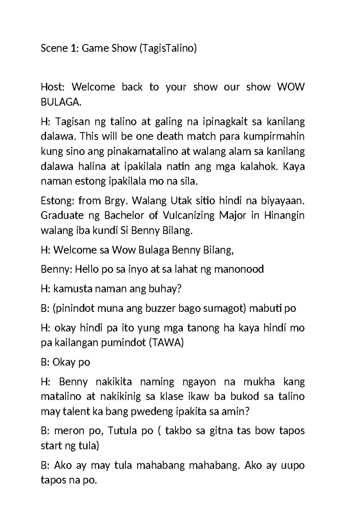 Script for Comedy Variety Show - Scene 1: Game Show (TagisTalino) Host ...