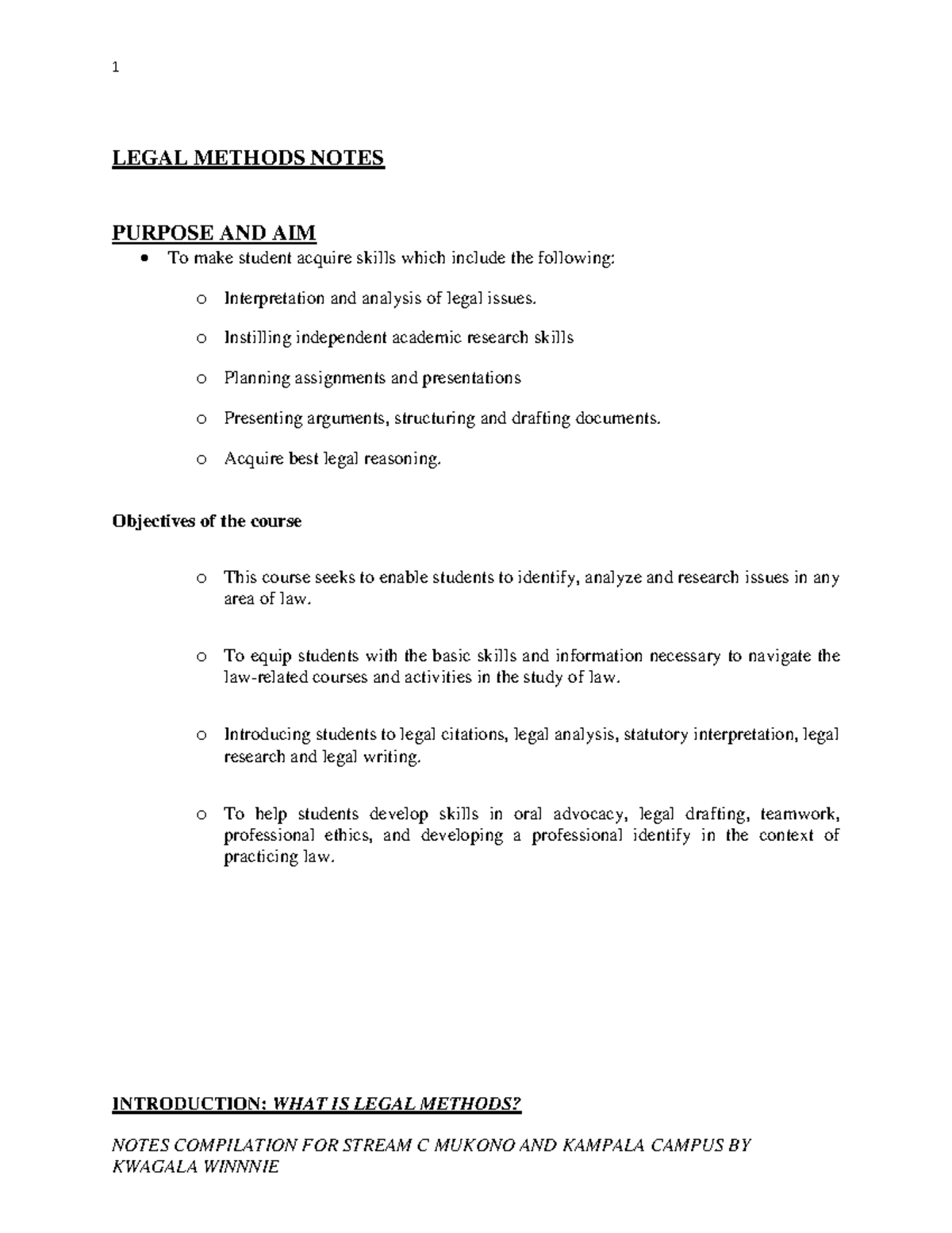 Legal Methods Notes PART 1 - NOTES COMPILATION FOR STREAM C MUKONO AND ...