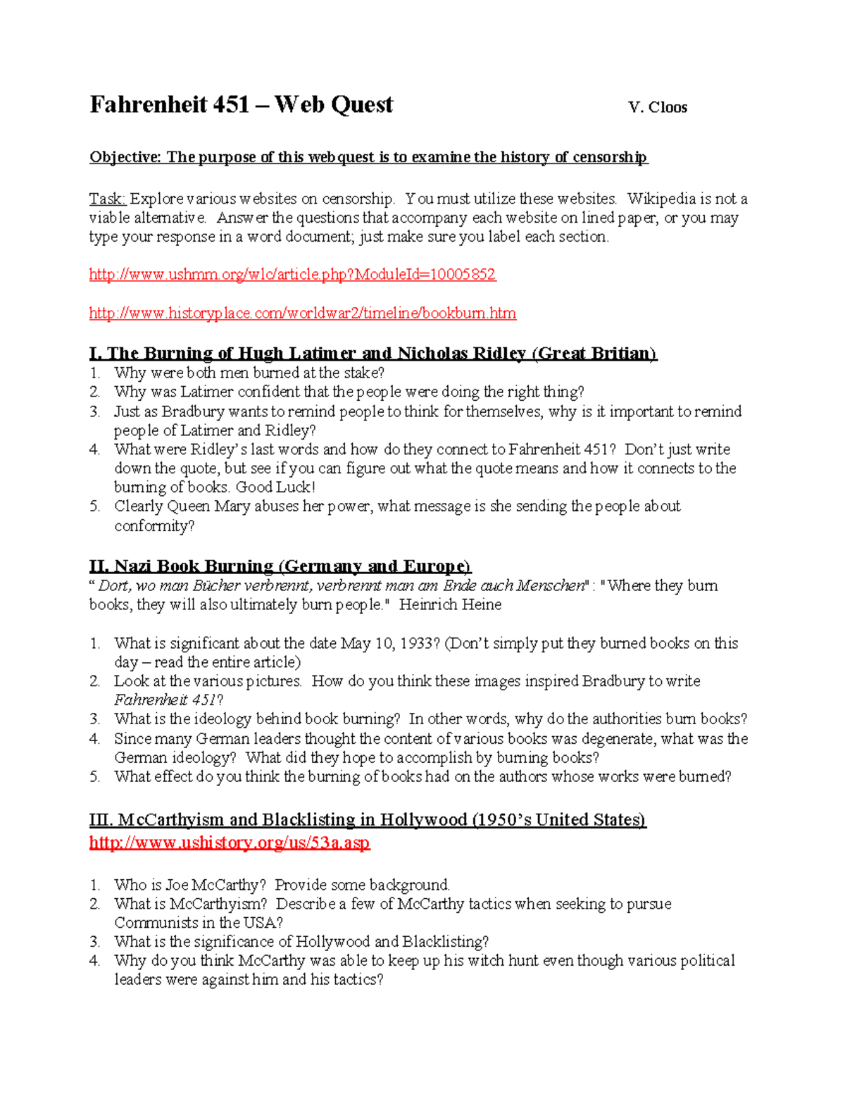 Censorship webquest - history - Fahrenheit 451 – Web Quest V. Cloos ...