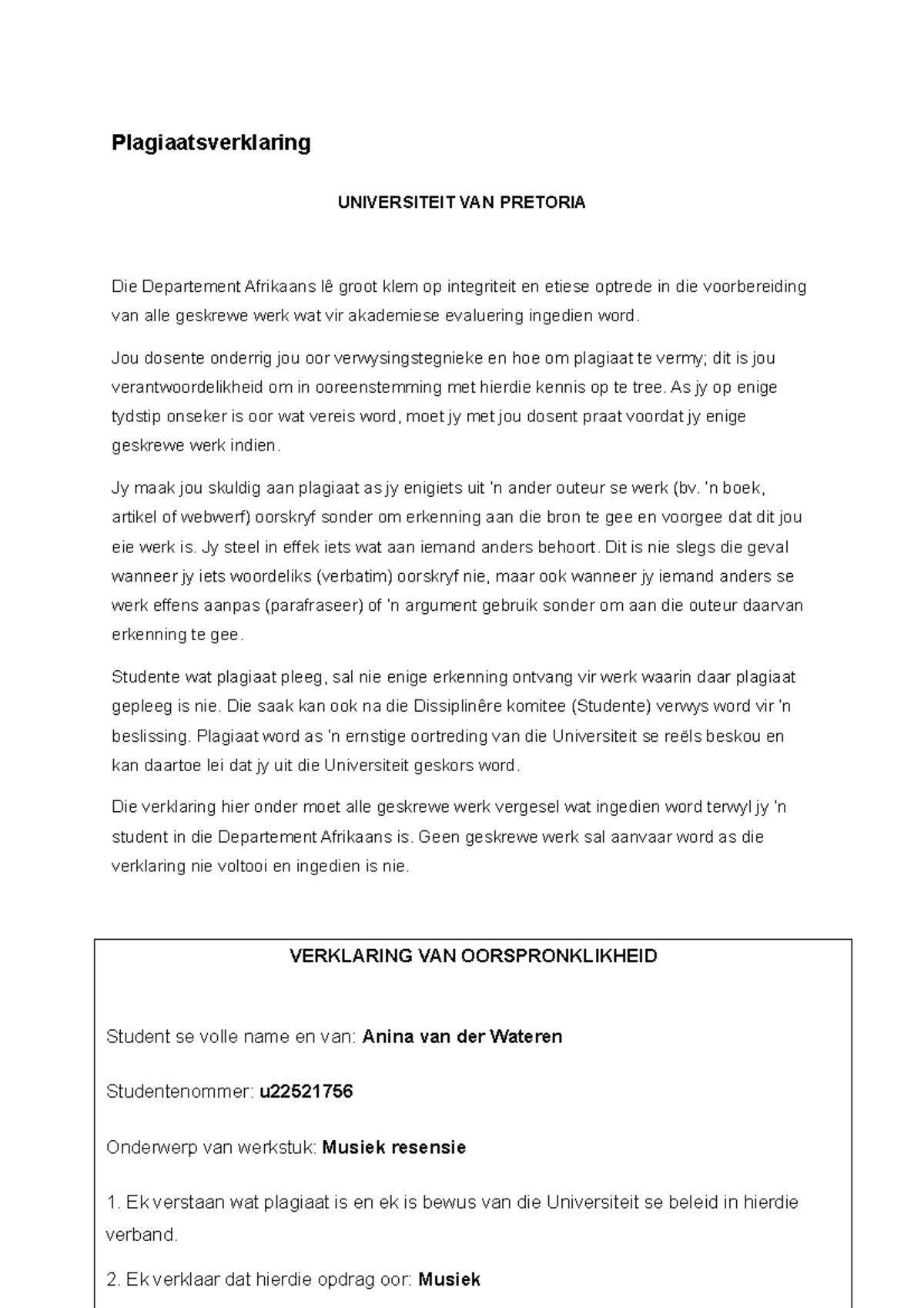 Musiekresensie - OPSTEL - Plagiaatsverklaring UNIVERSITEIT VAN PRETORIA ...